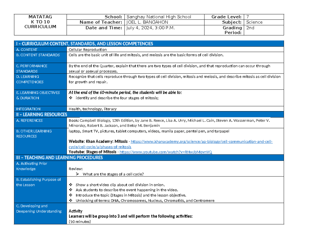 Lesson Exemplar in Science 7: Mitosis Overview by Joel Bangahon - Studocu