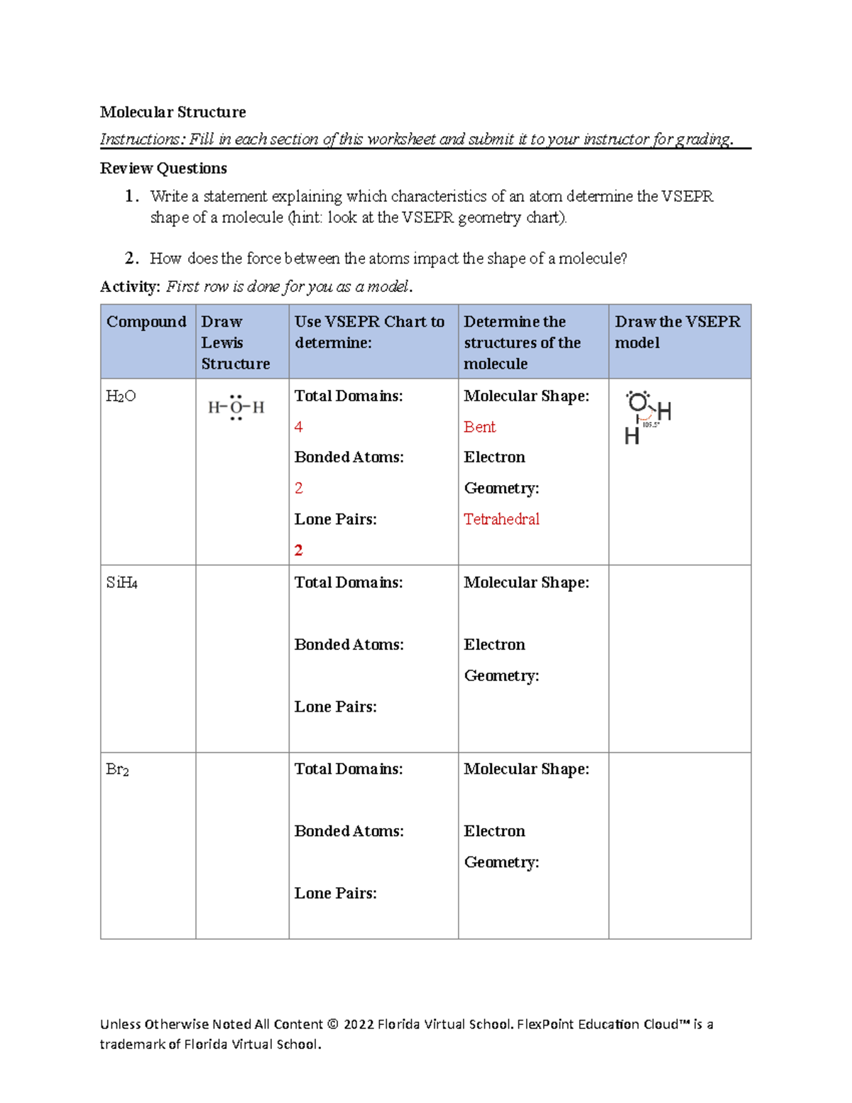 Molecular Structure Worksheet Molecular Structure Instructions Fill