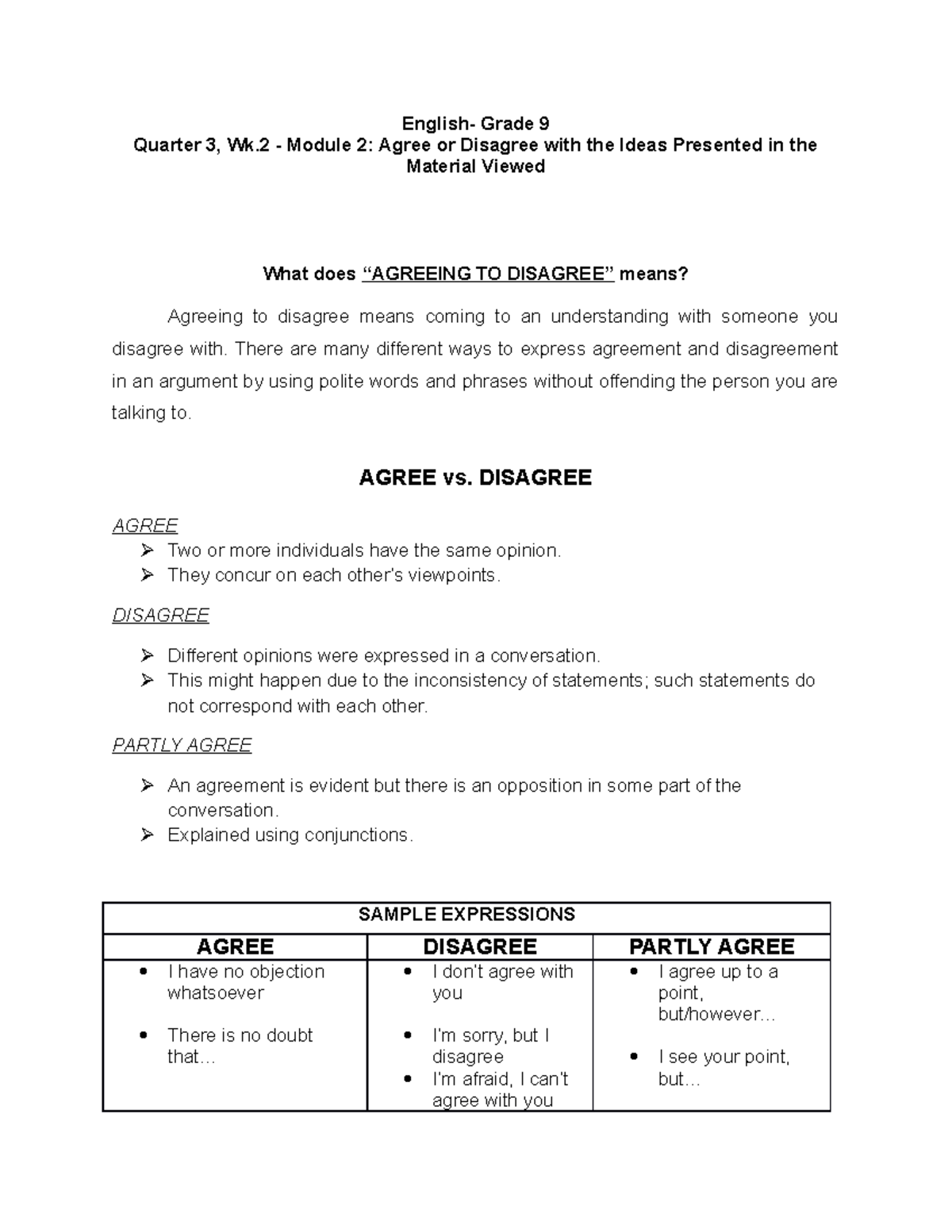 Grade 9 English Notes: Agree or Disagree in Arguments - Studocu