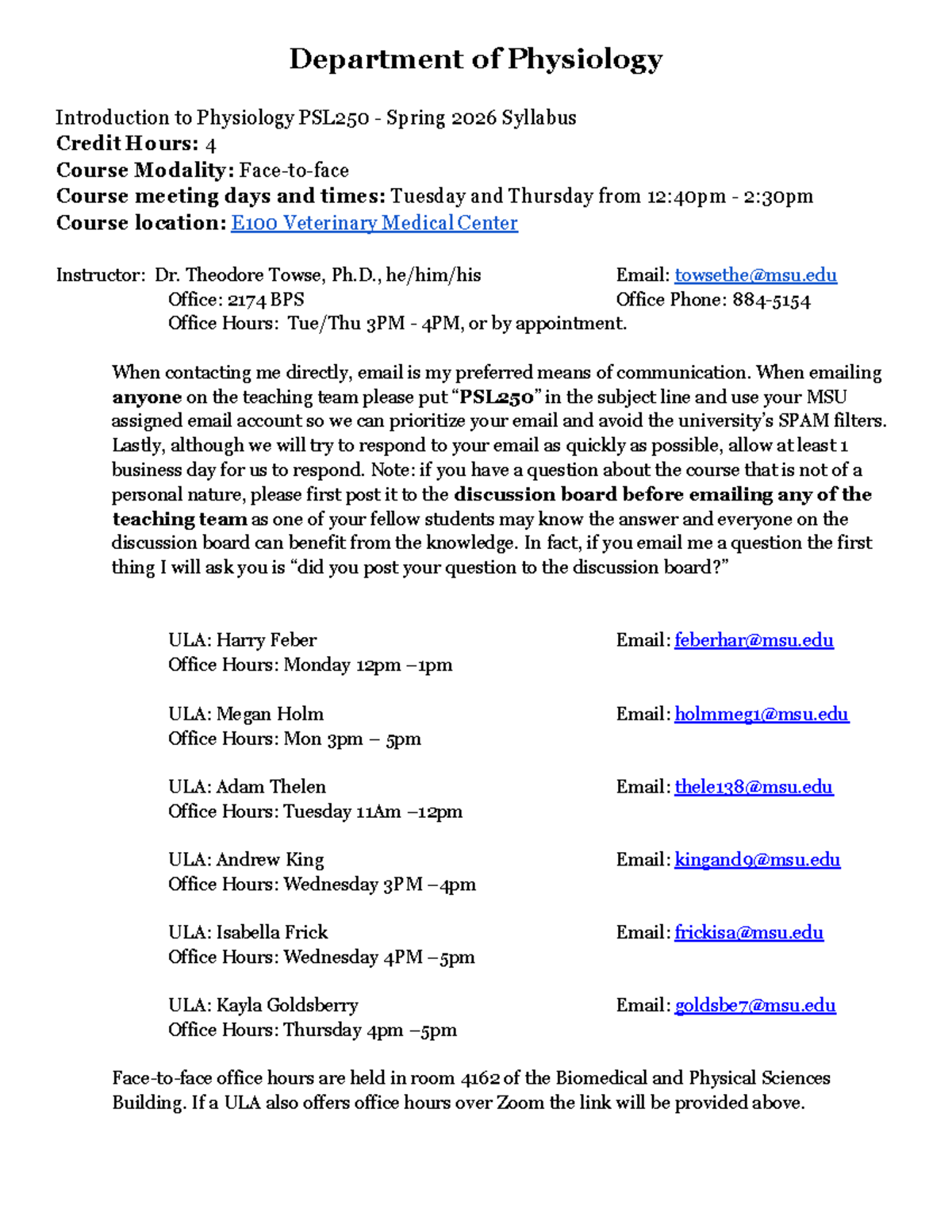 Syllabus for PSL250: Introduction to Physiology - Spring 2026 - Studocu