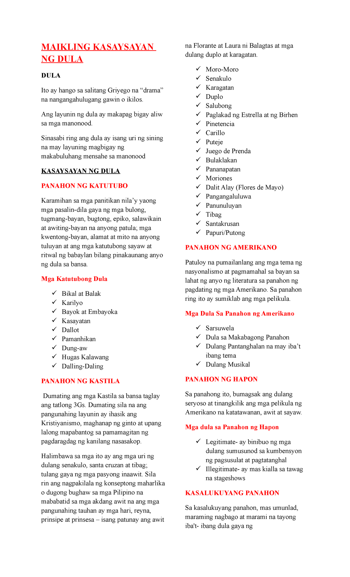 Reviewer FILI3 - lecturee - MAIKLING KASAYSAYAN NG DULA DULA Ito ay ...