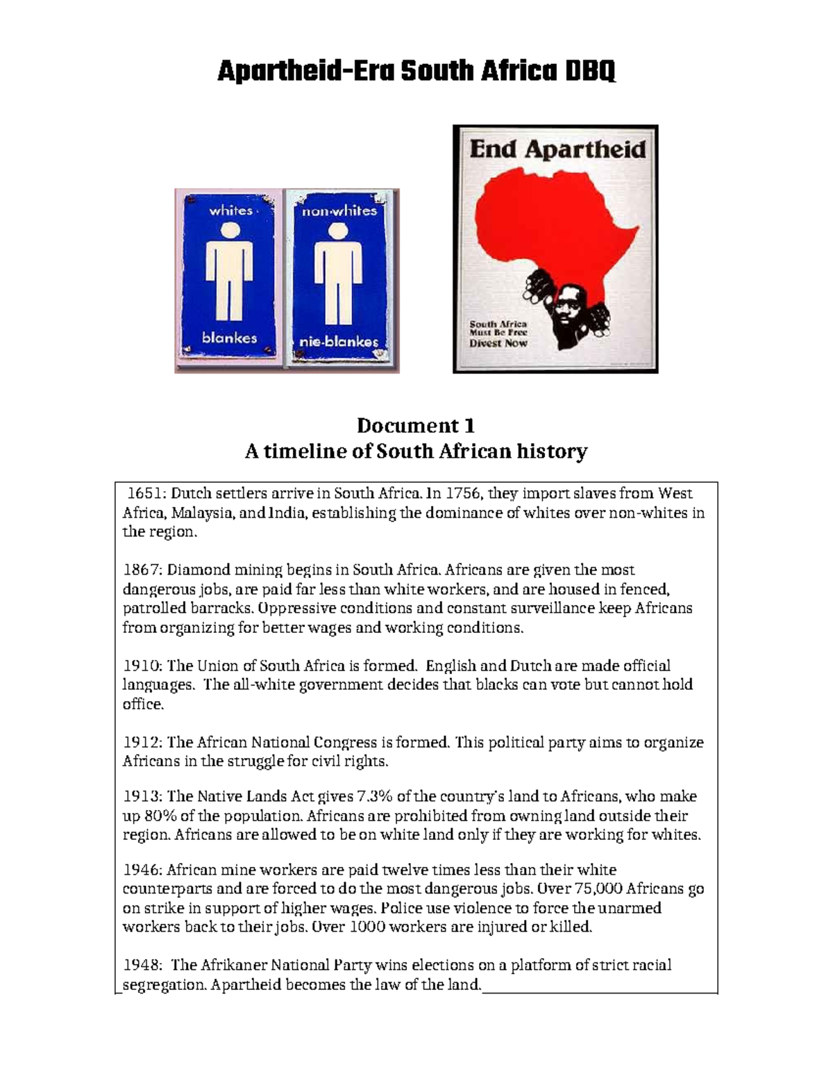 Apartheid DBQ: Analyzing Discrimination in South Africa - Studocu