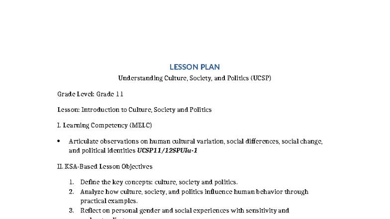 UCSP Lesson Plan: Exploring Culture, Society & Politics for Grade 11 ...