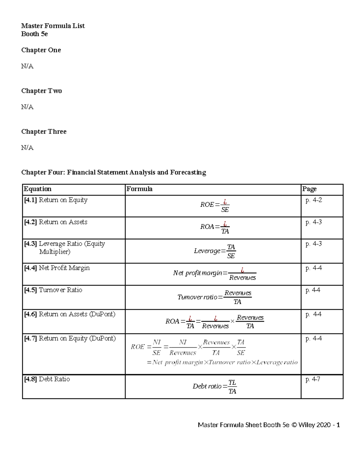Master Formula Sheet Booth 5e: Financial Analysis & Ratios - Studocu