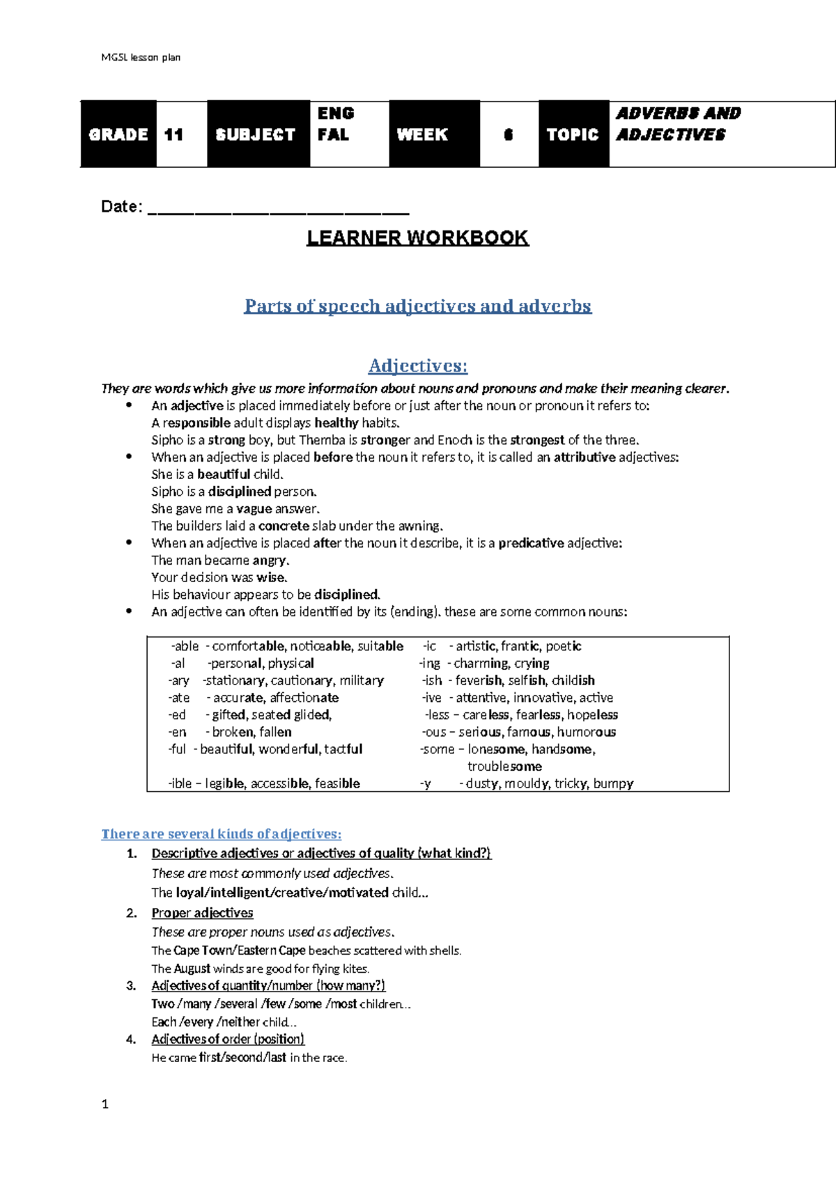 Language Lesson 6: Workbook on Adjectives and Adverbs (Grade 11 ENG FAL ...