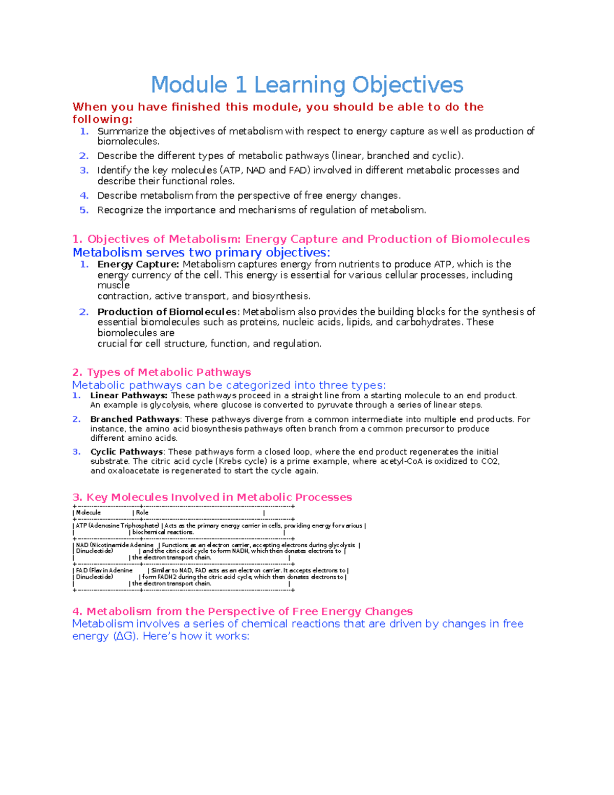 Metabolism module 1 learning objectives and key concepts - Studocu