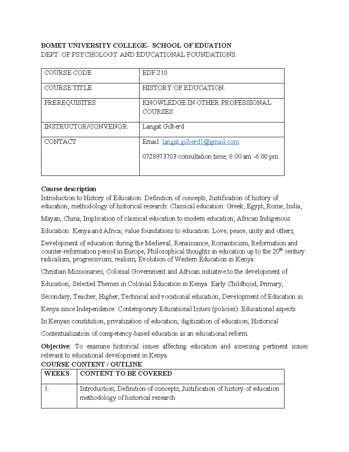 EDF 210: History of Education Course Outline and Content - Studocu