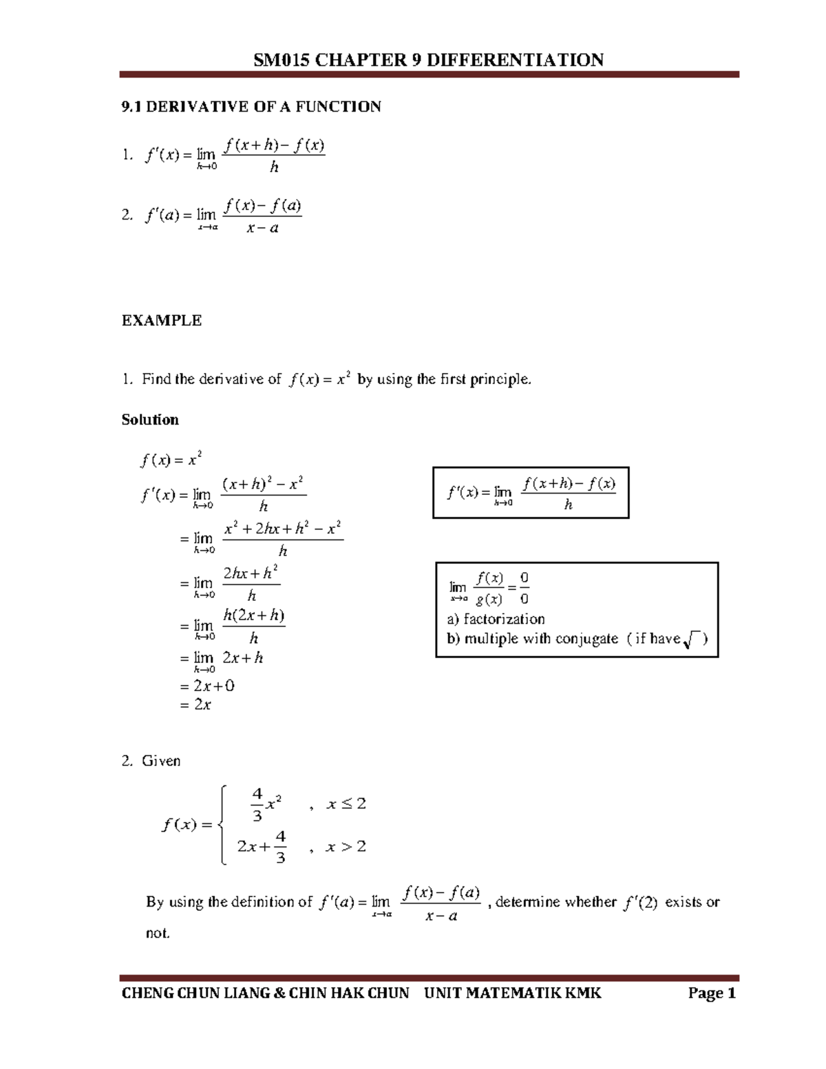 SM015 CHAPTER 9 DIFFERENTIATION: DERIVATIVES AND RULES - Studocu