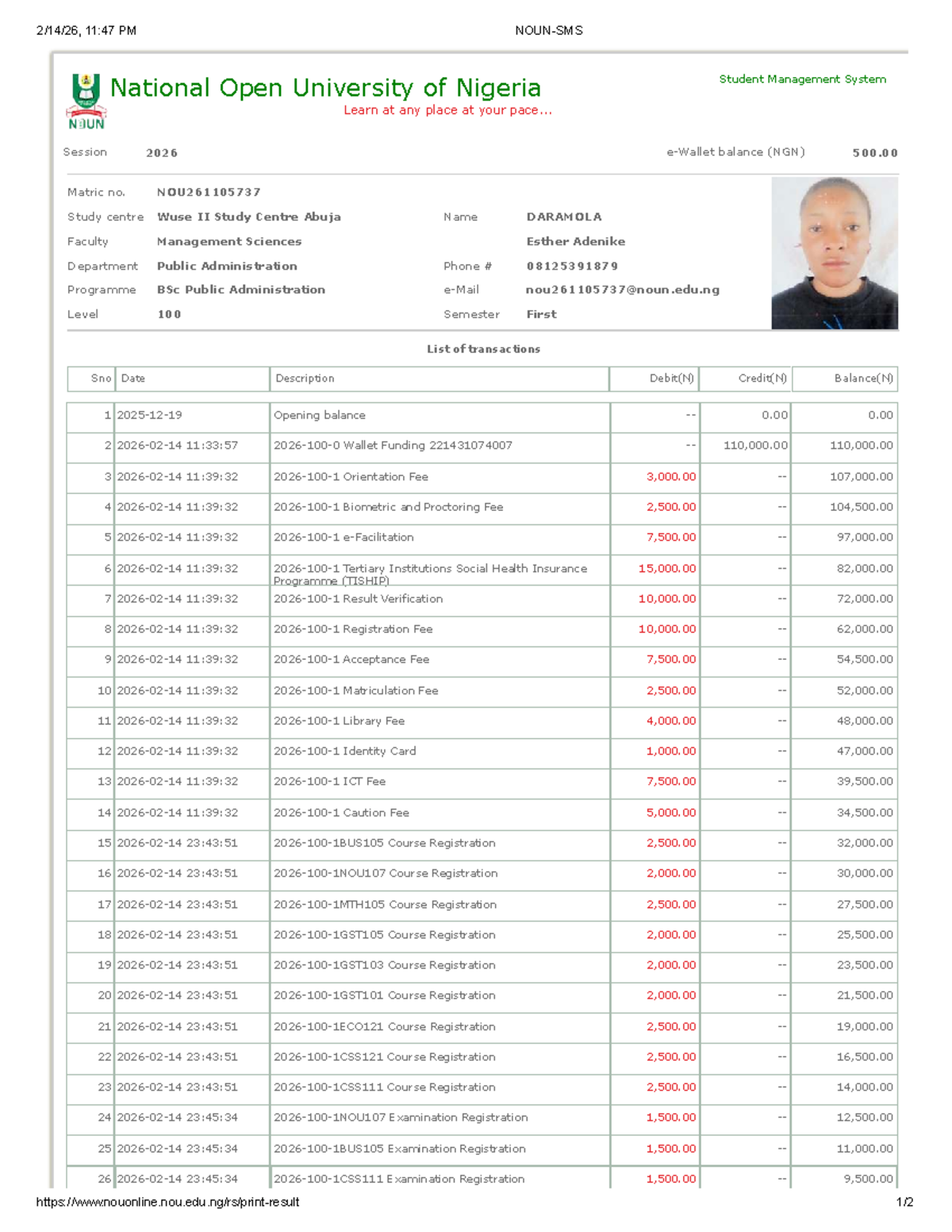NOU261105737: Student Wallet Transactions Overview for BSc Public Admin ...