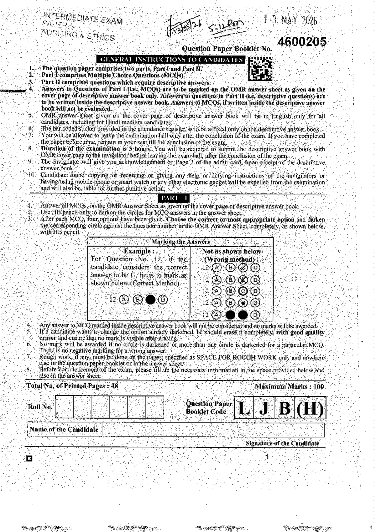 Intermediate Exam 4600205: Auditing Ethics Question Paper - May 2026 ...