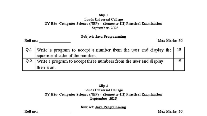 Java Programming Practical Exam 2025 - SY Computer Science (NEP) - Studocu