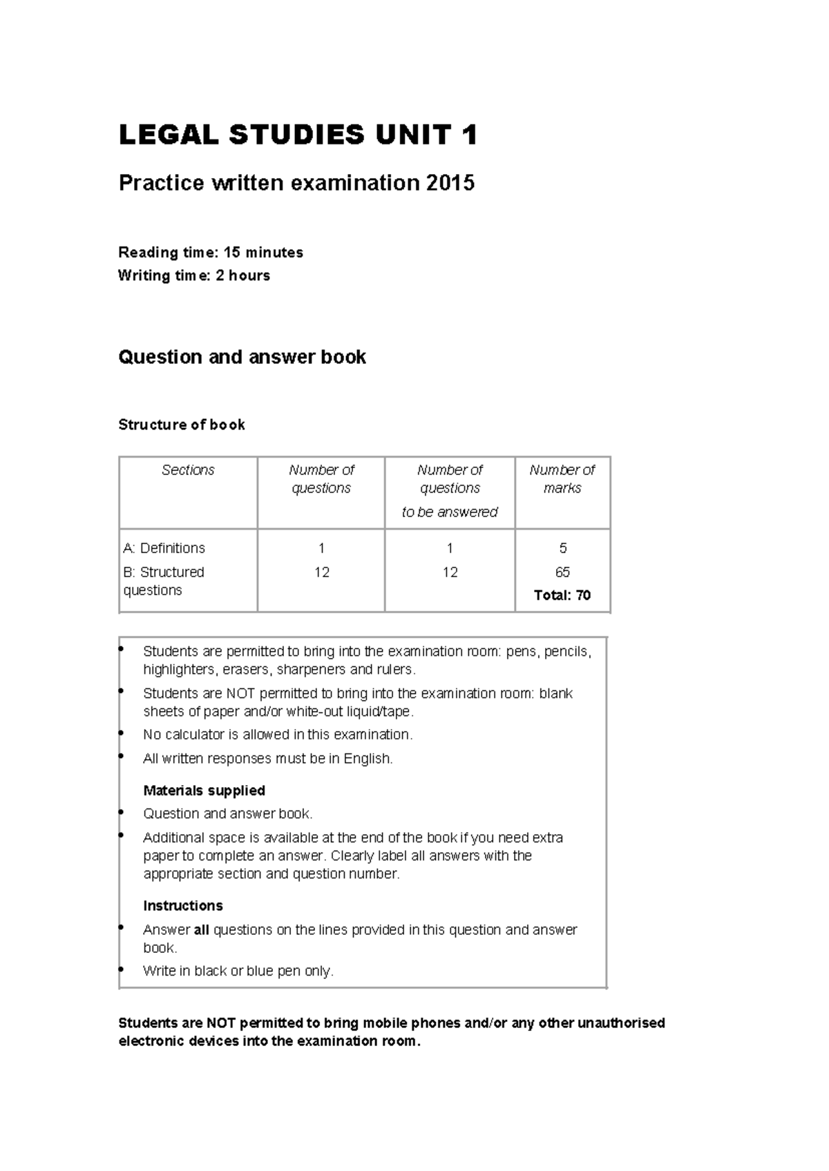 Legal Studies UNIT 1 exam - LEGAL STUDIES UNIT 1 Practice written ...