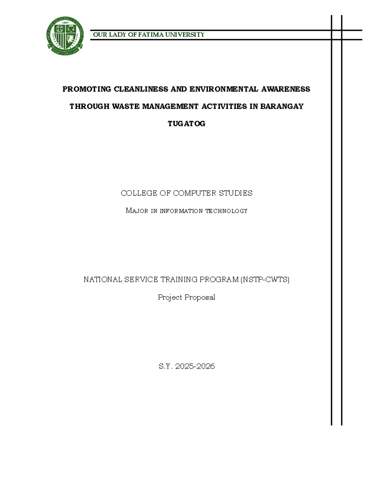 NSTP Project Proposal: Promoting Cleanliness & Environmental Awareness ...