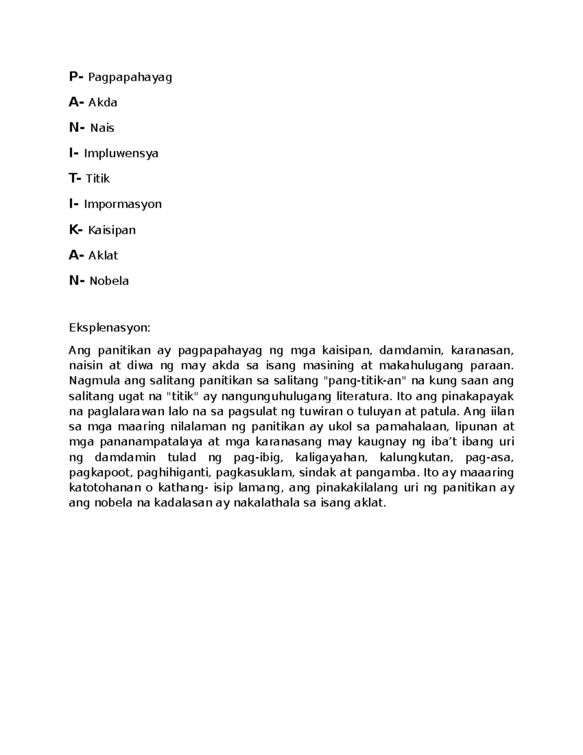 Ano ang ibig sabihin ng panitikan? Gamitin ang letra nito. - P ...