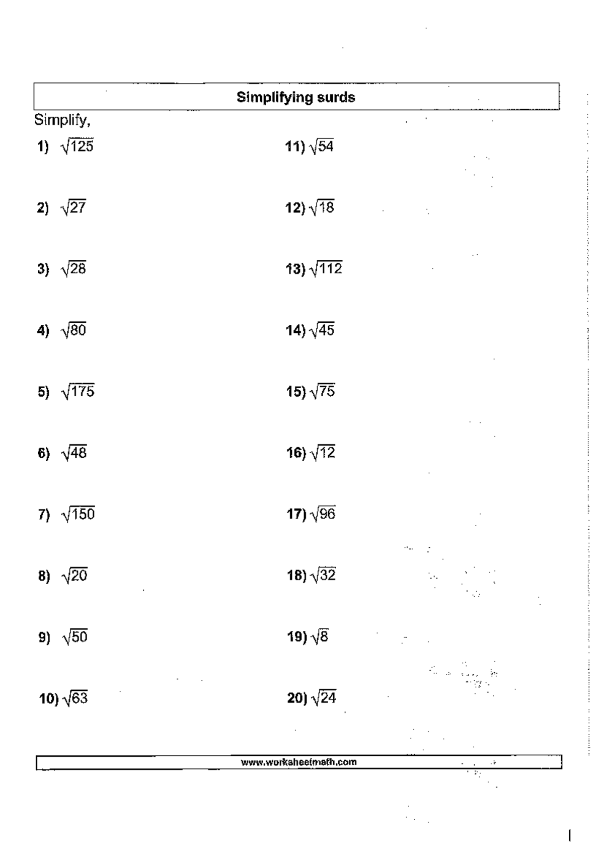 Surds Worksheet: Simplifying, Adding, Multiplying & Dividing Surds ...