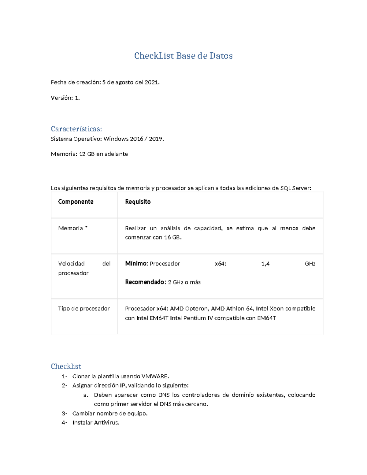 Checklist - linea base de configuracion - SQL - CheckList Base de Datos ...
