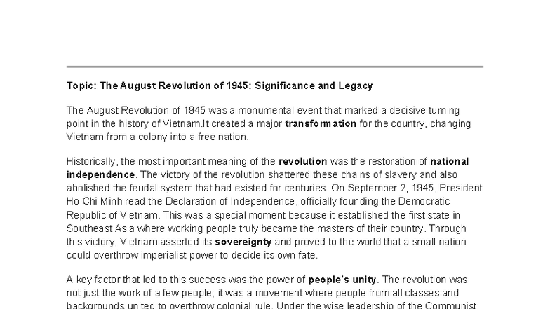The August Revolution of 1945: Significance and Legacy Analysis - Studocu