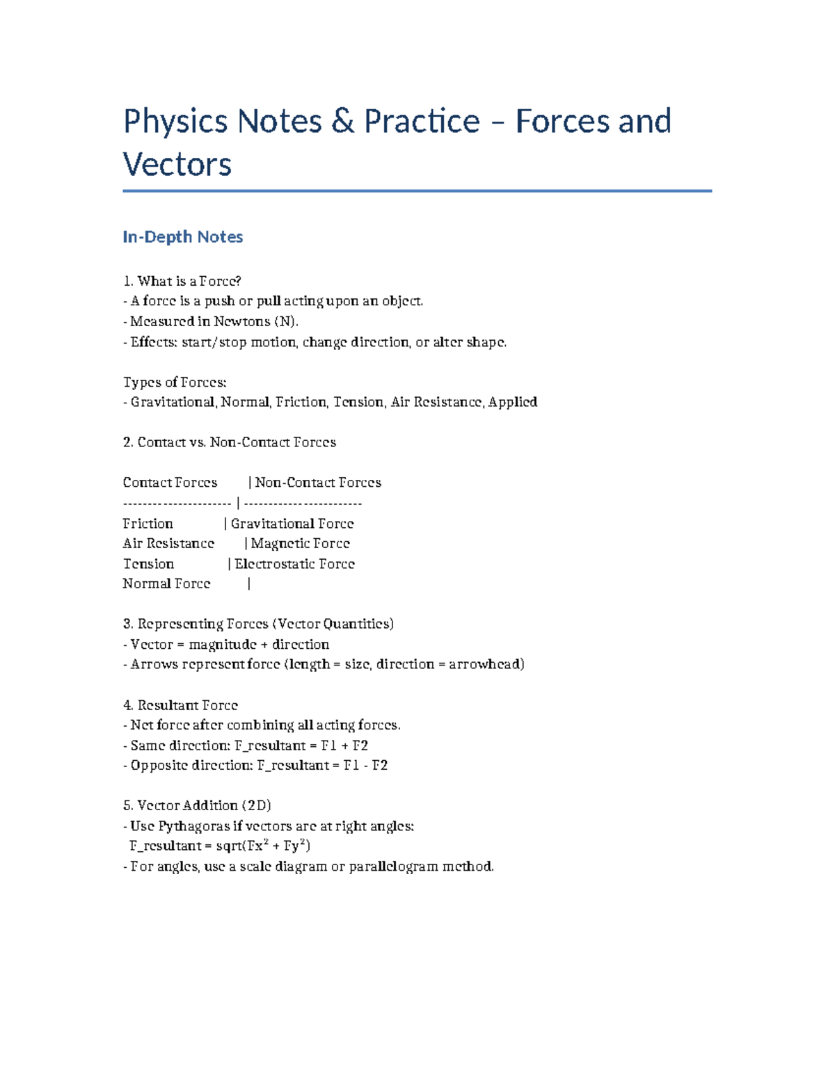 Physics 101: Forces and Vectors Notes for Practice - Studocu