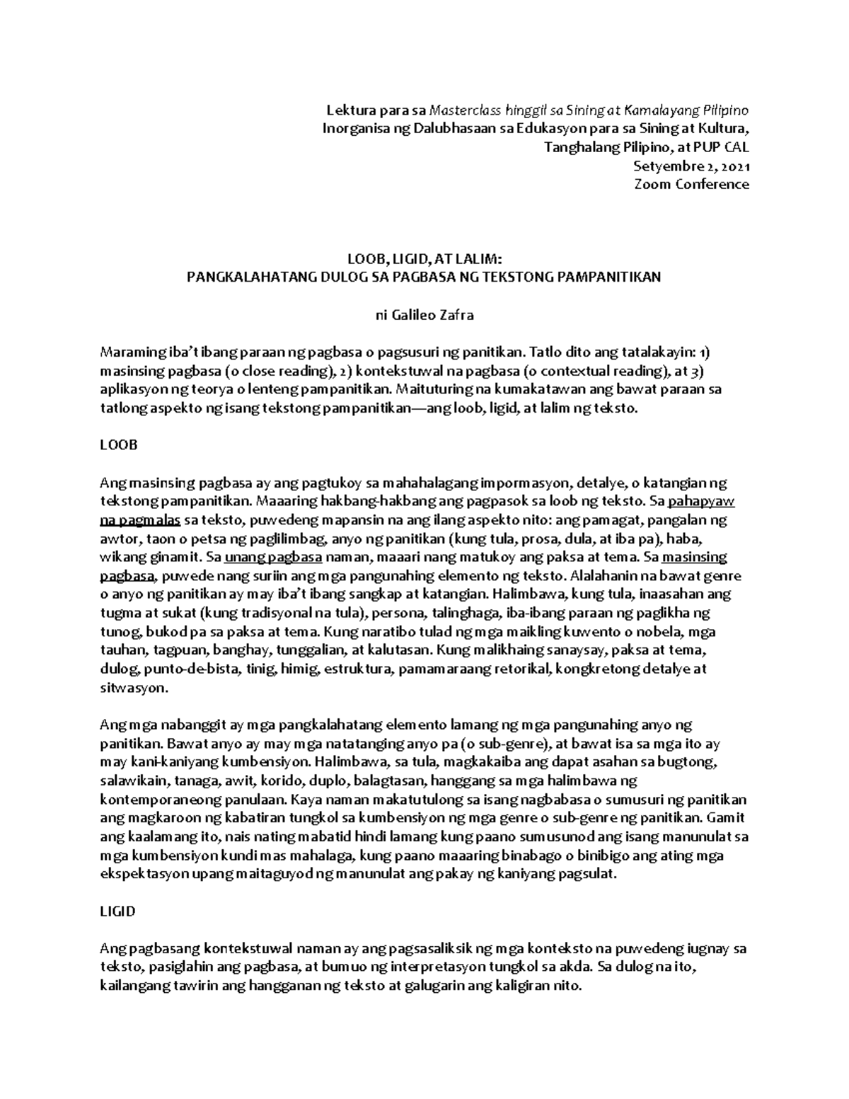 LOOB, LIGID, AT LALIM: LECTURE SA SINING AT KAMALAYANG PILIPINO (1-LLL ...