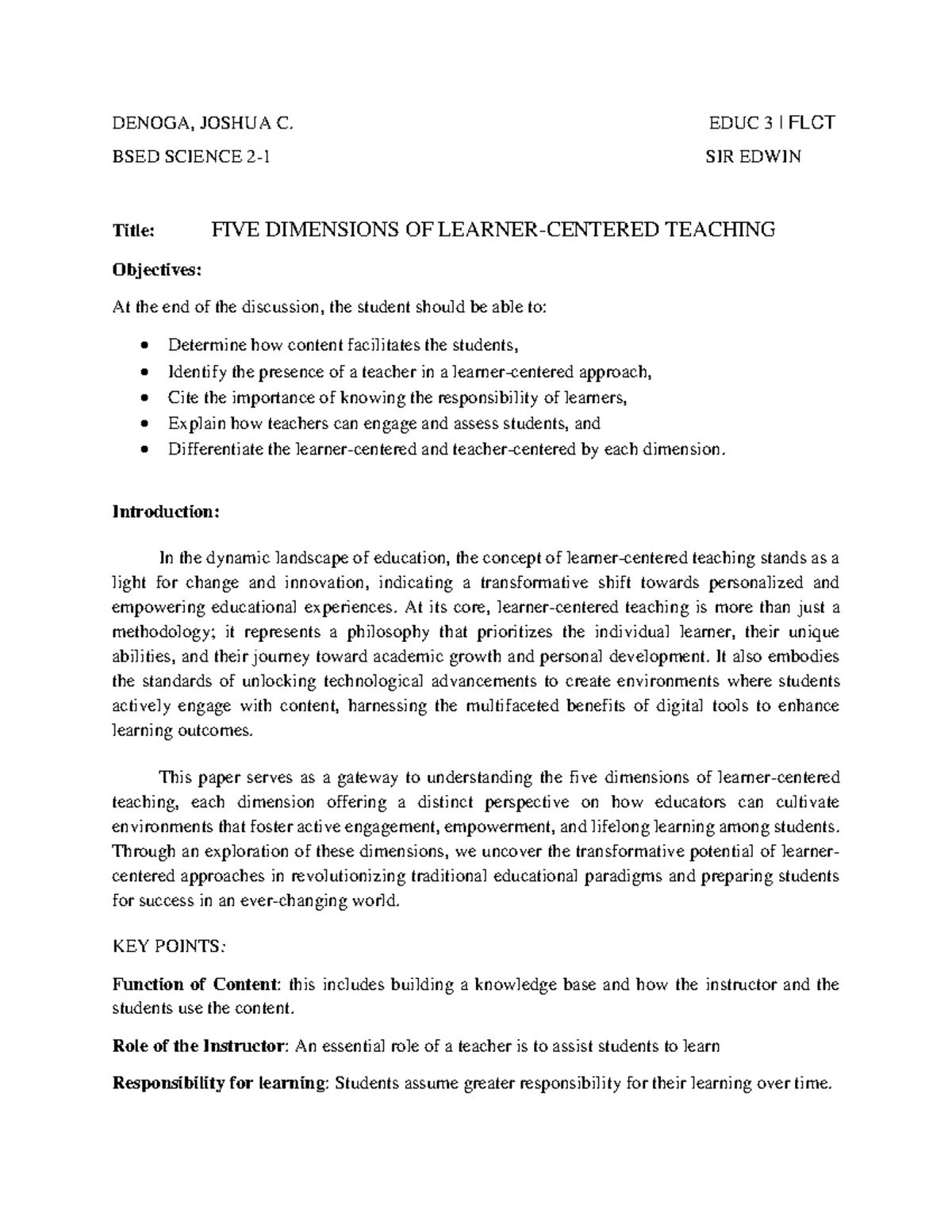Five Dimensions of Learner-Centered Teaching (EDUC 3 I FLCT) - Studocu