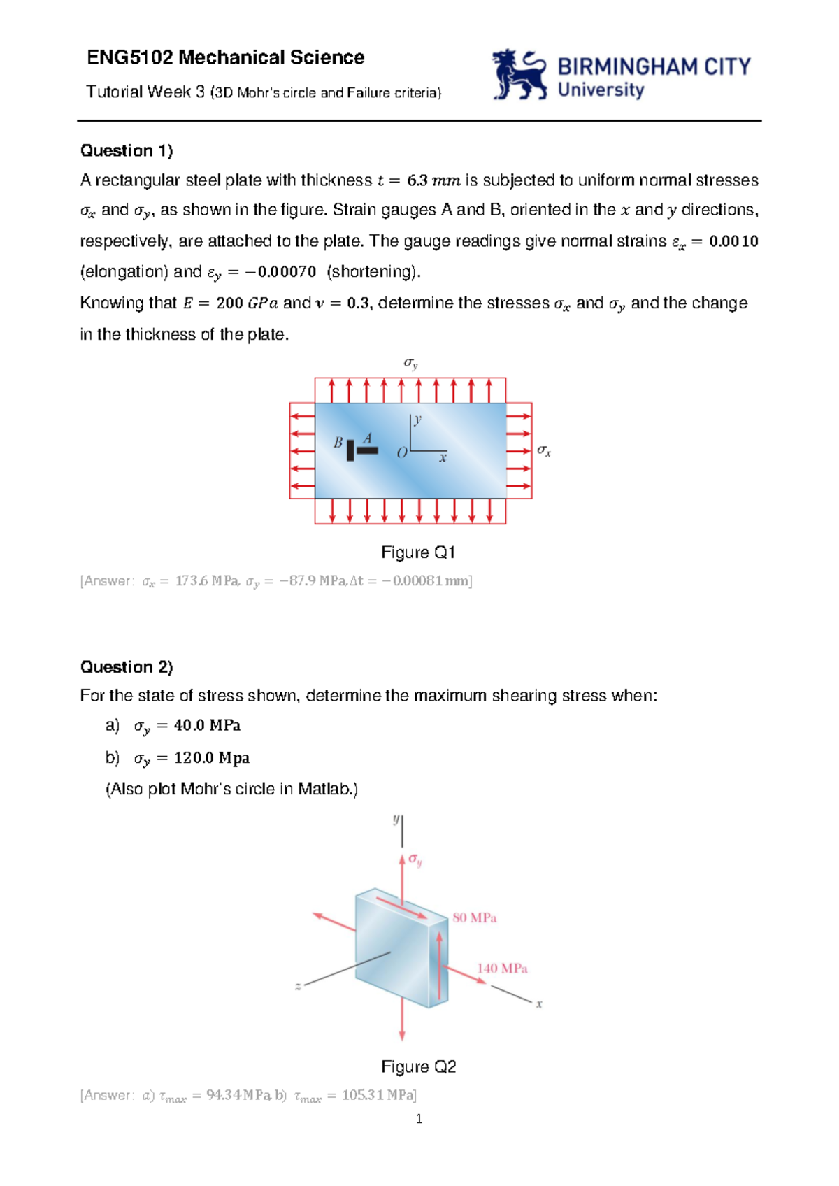 Tutorial Week 3 sheet - 1 ENG5102 Mechanical Science Tutorial Week 3 ...