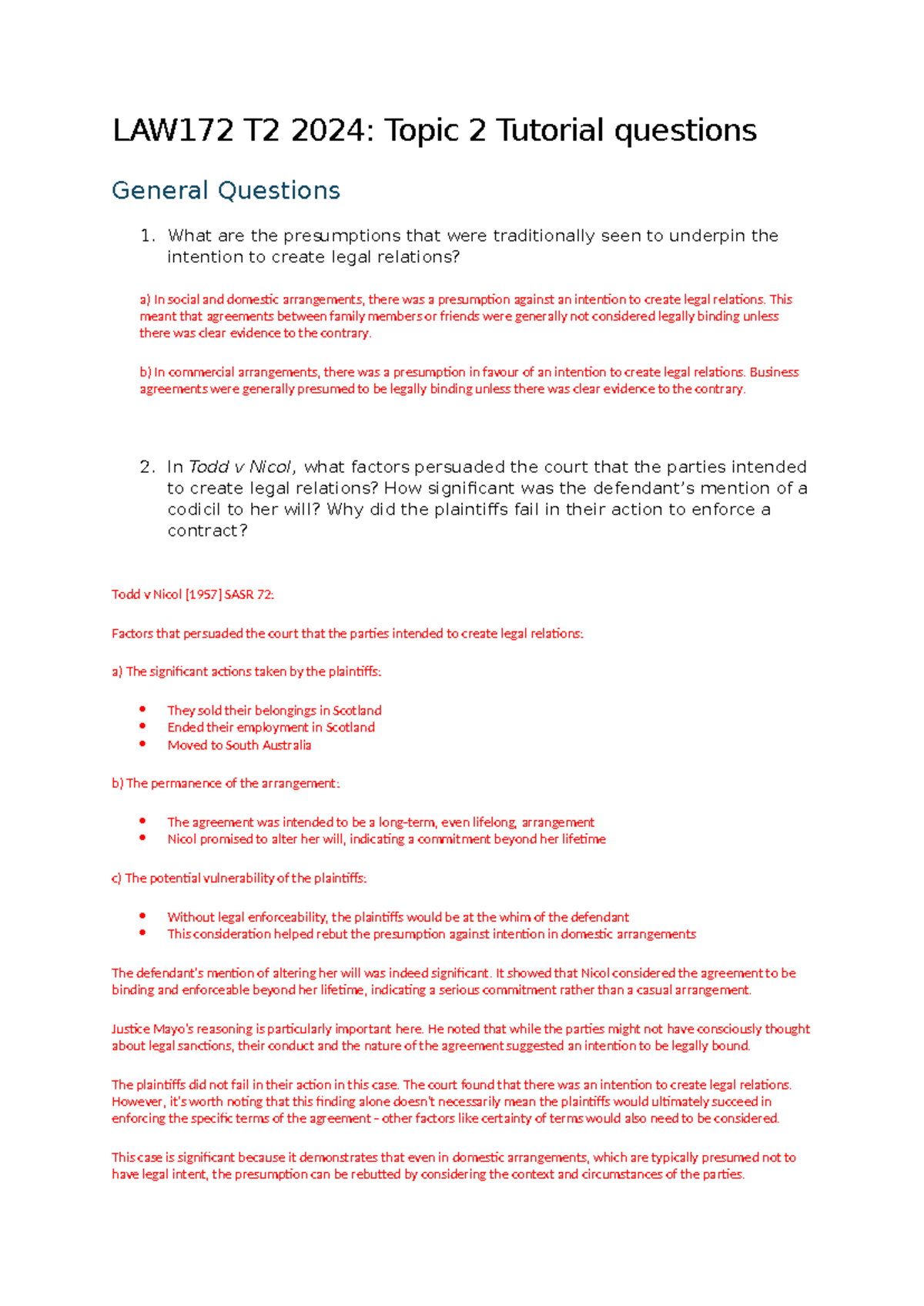 LAW172 T2 2024: Tutorial Questions on Legal Relations and Consideration - Studocu