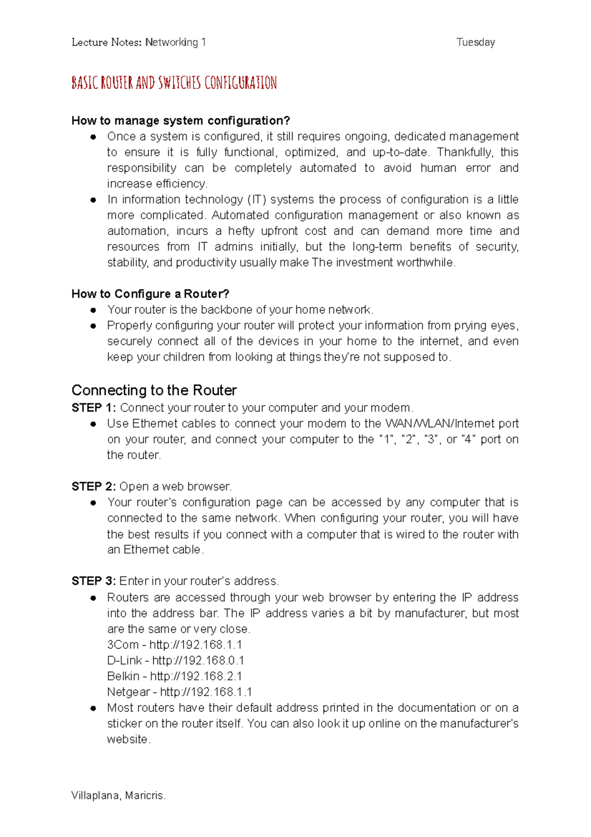 Routers and Switches Configuration - (Week8 Lecture Notes) - BASIC ...