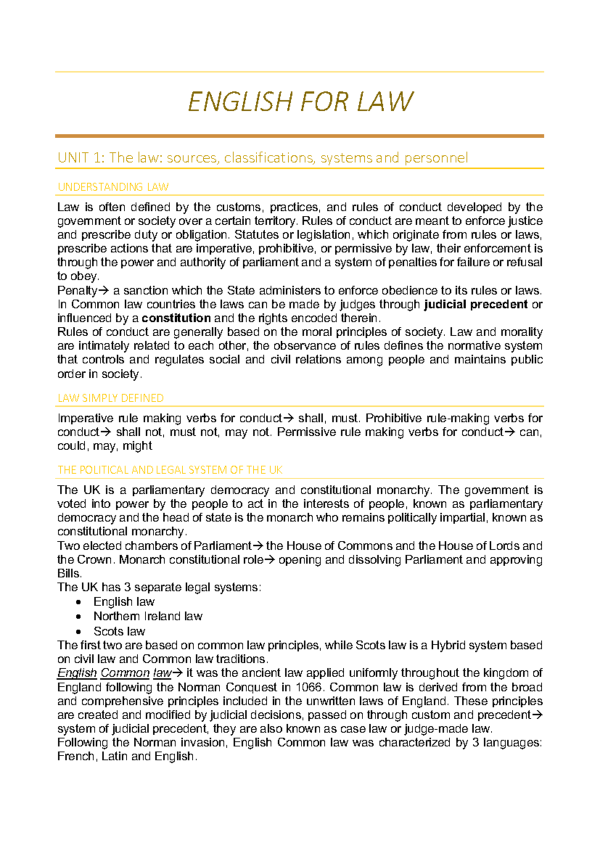 ENGLISH FOR LAW UNIT 1: Understanding Legal Sources and Systems - Studocu