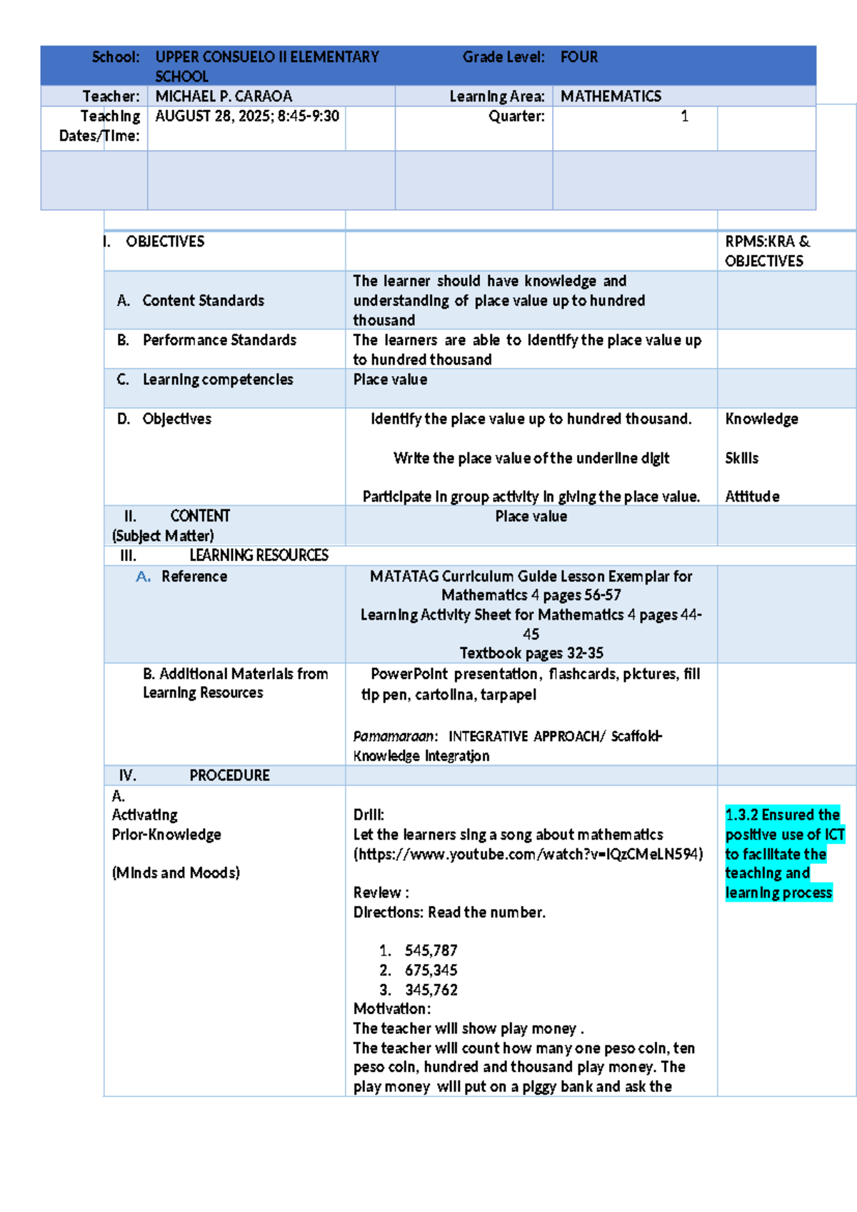 Mathematics 4 Lesson Plan: Understanding Place Value - Studocu