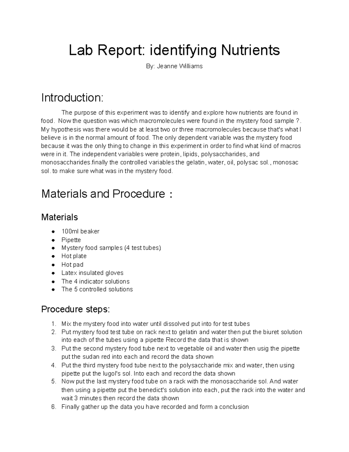 Lab Report 3: Identifying Nutrients in Food Samples - Studocu