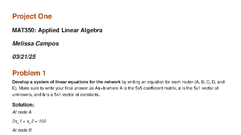 Project One MAT350: Applied Linear Algebra Solutions and Analysis - Studocu