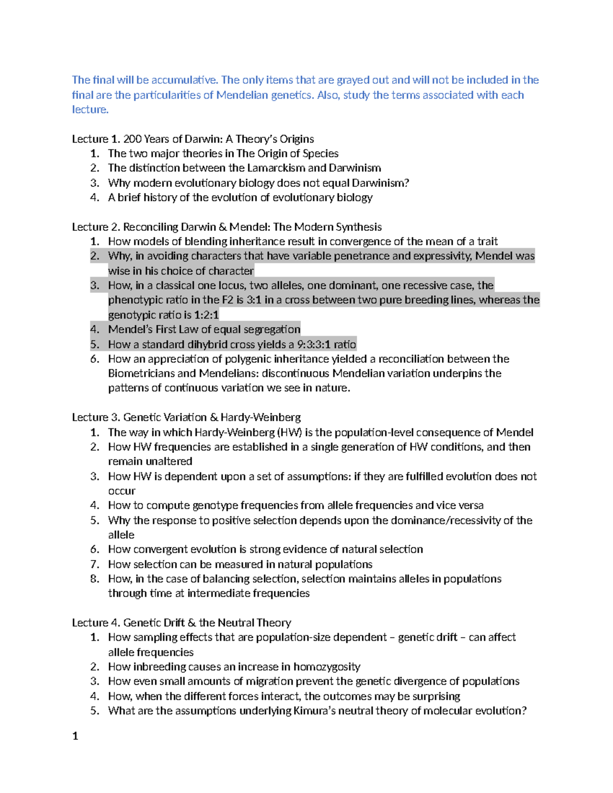 Lecture Notes on Natural Selection, Genetic Drift, and Speciation (Bio ...