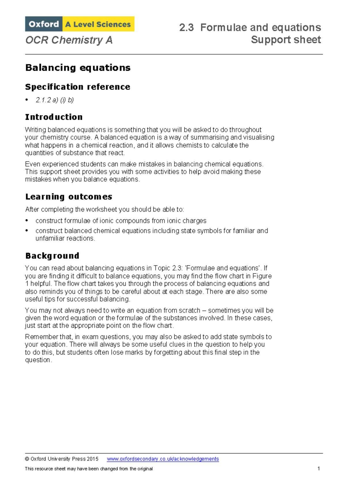 OCR Chemistry A 2.3 Balancing Equations Support Sheet - Studocu