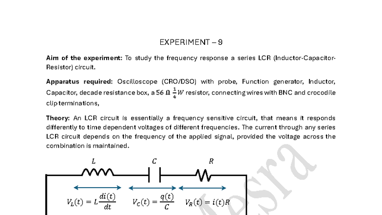 09 - LCR Circuit Frequency Response Experiment - Semester 1 - Studocu