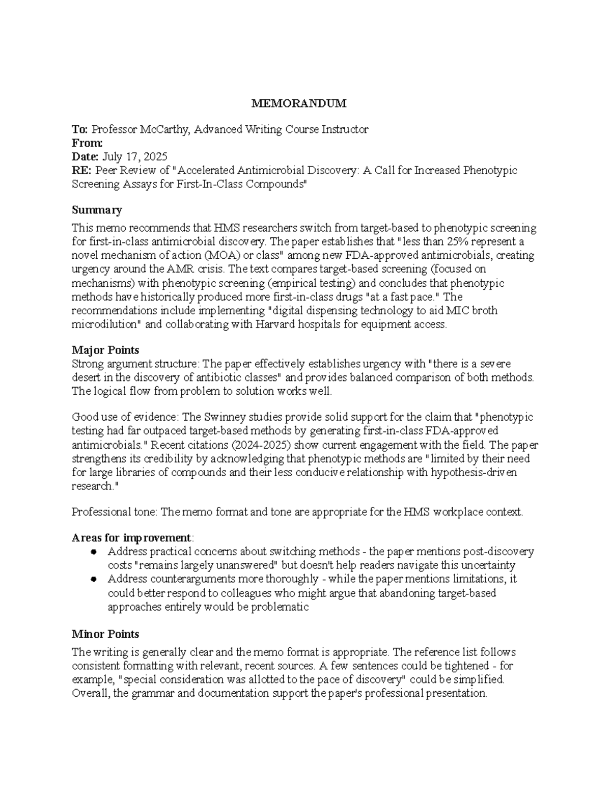 Advanced Writing Course (AWC) Project 2 Peer Review Memo - Studocu