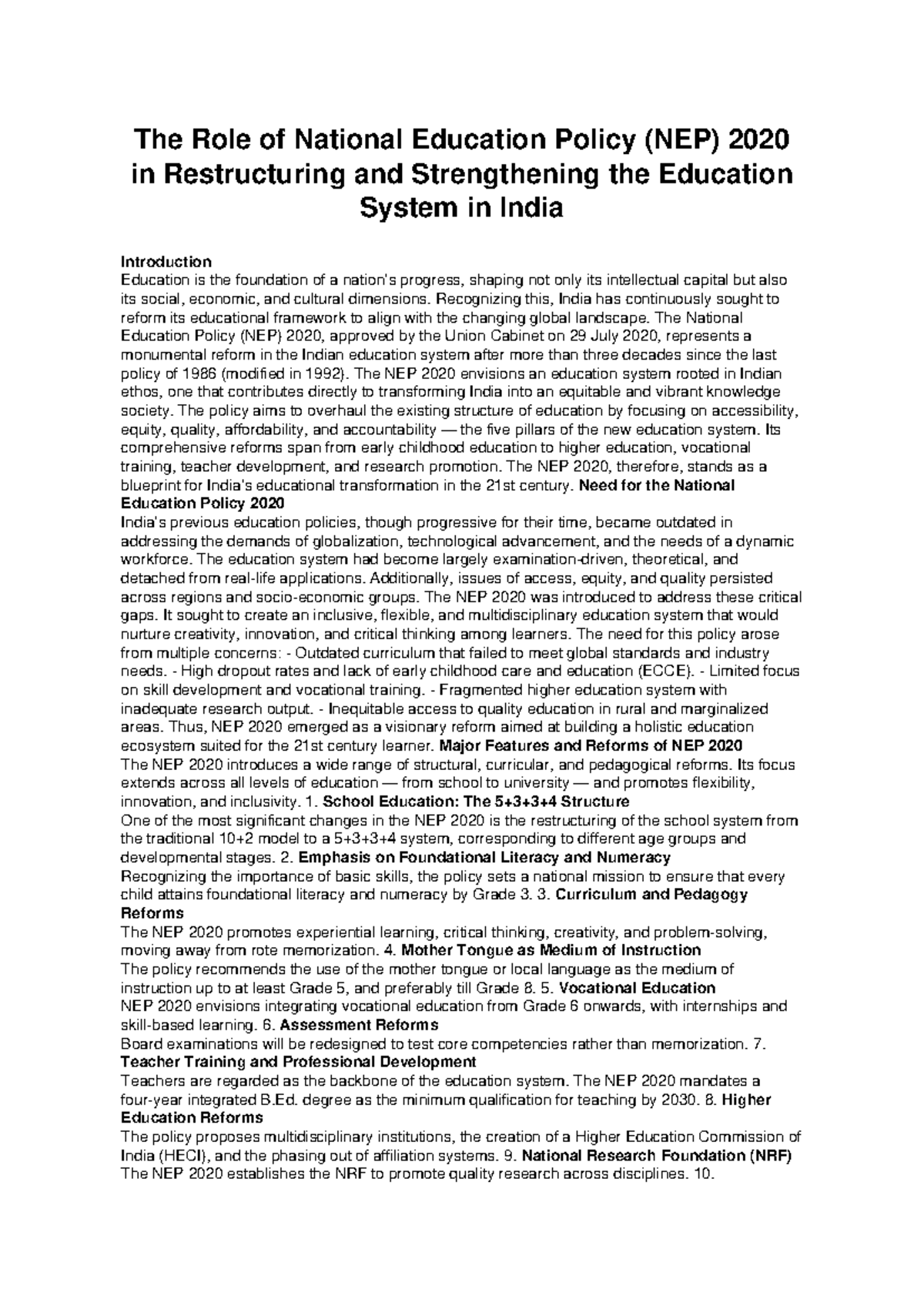 The Role of NEP 2020 in Restructuring India's Education System - Studocu