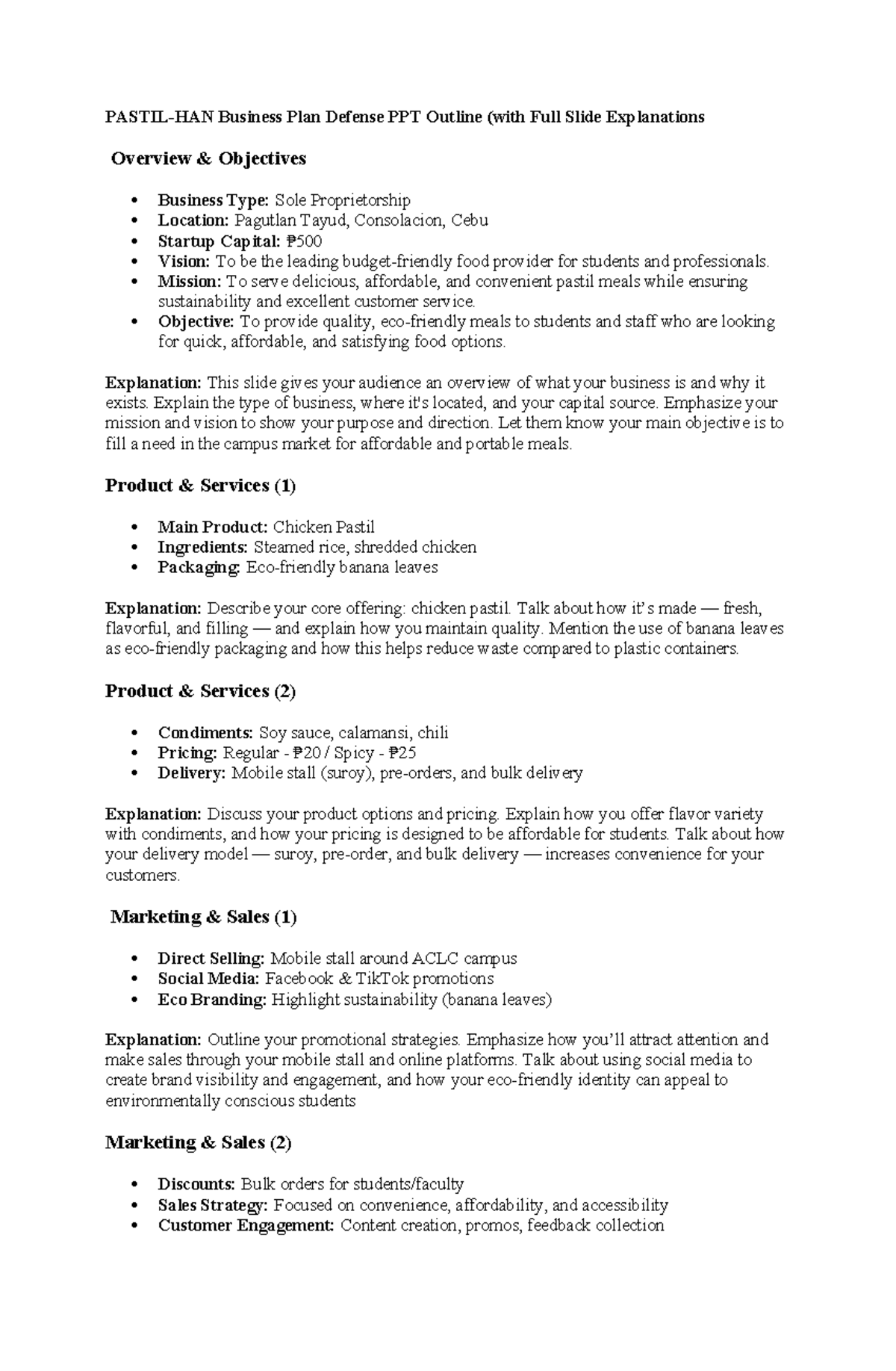 Business plan defense PPT outline for sole proprietorship in Cebu - Studocu
