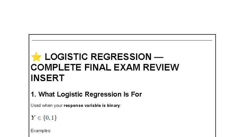 LOGISTIC REGRESSION FINAL EXAM REVIEW (Course Code: LOG-101) - Studocu