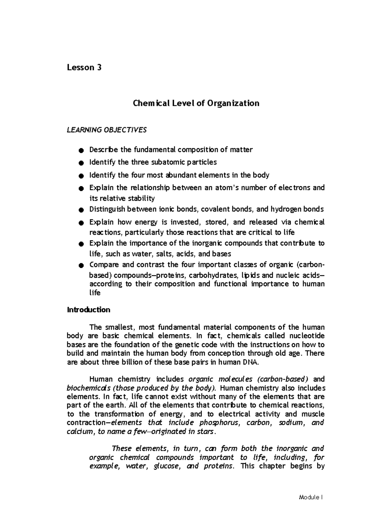 Module 1 Lesson 3: Chemical Level of Organization in Anatomy and ...