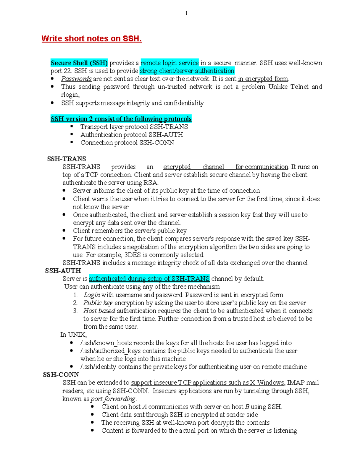 Short Notes on SSH - Application Layer Protocol (CS101) - Studocu