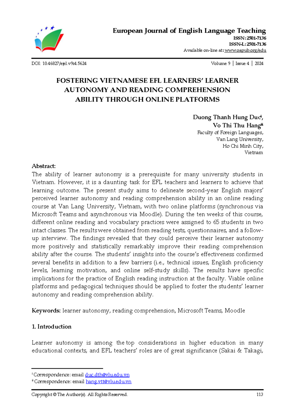 Fostering Vietnamese EFL Learner Autonomy & Reading Comprehension via ...