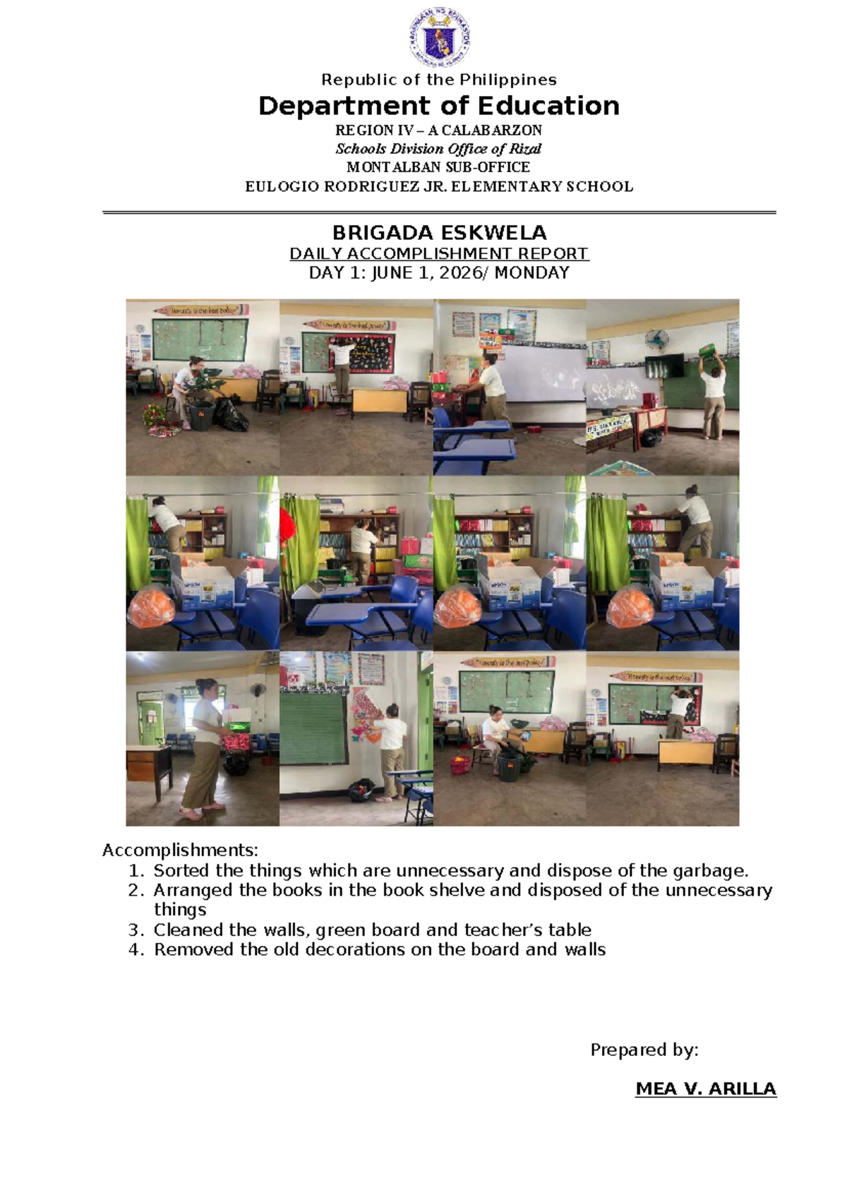 BE-2026 Brigada Eskwela Daily Accomplishment Report - Studocu