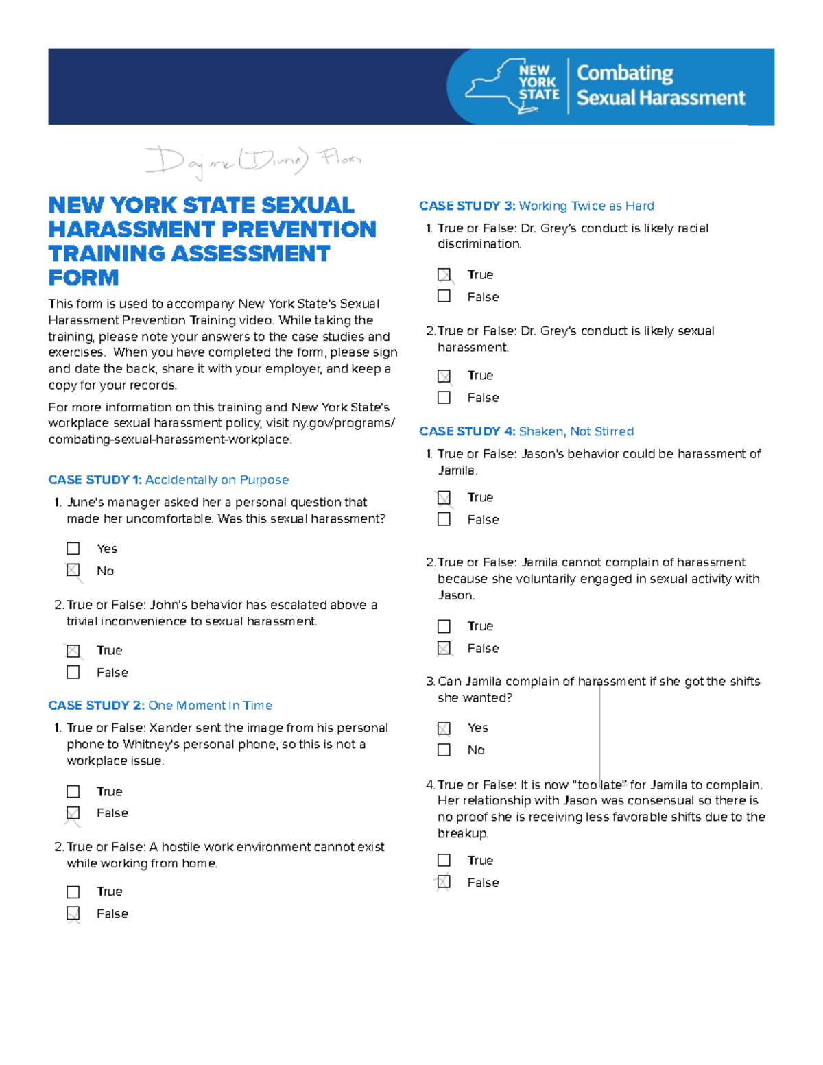 NY Sexual Harassment Prevention Training Assessment Form - Studocu