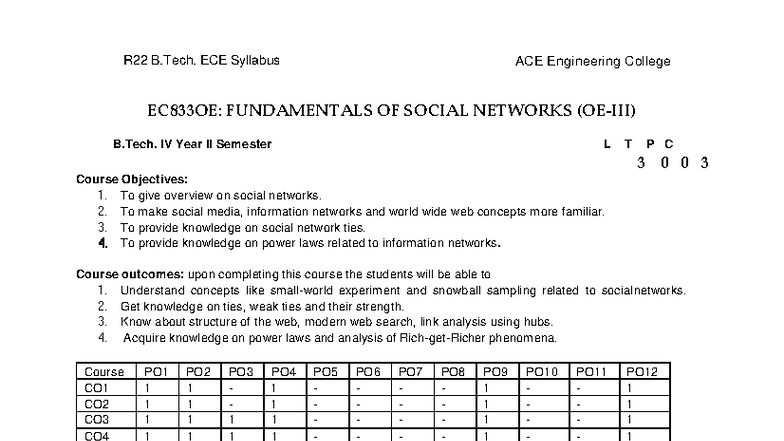 R22 B.Tech ECE EC833OE: Fundamentals of Social Networks Syllabus - Studocu