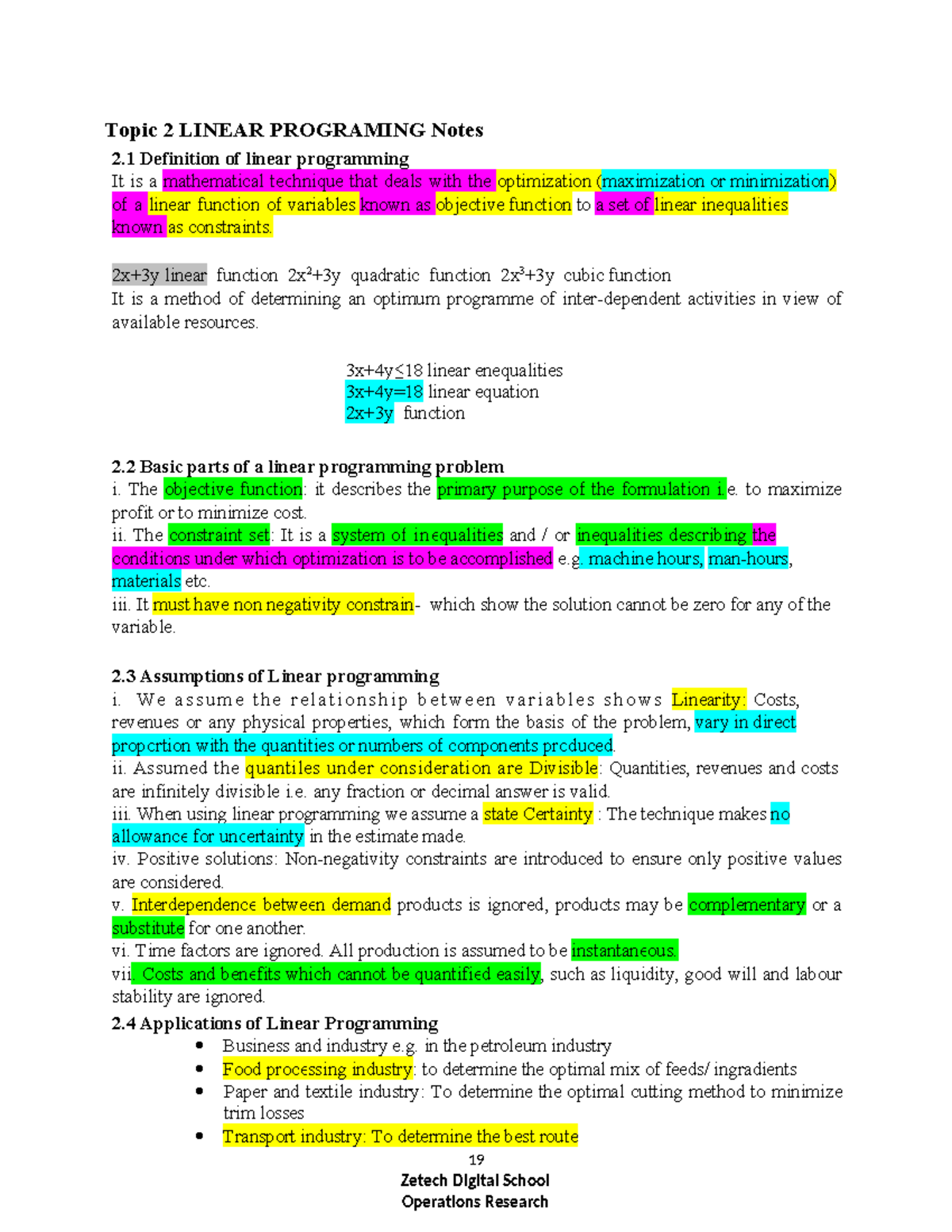 Topic 2: Linear Programming Notes and Applications - Studocu
