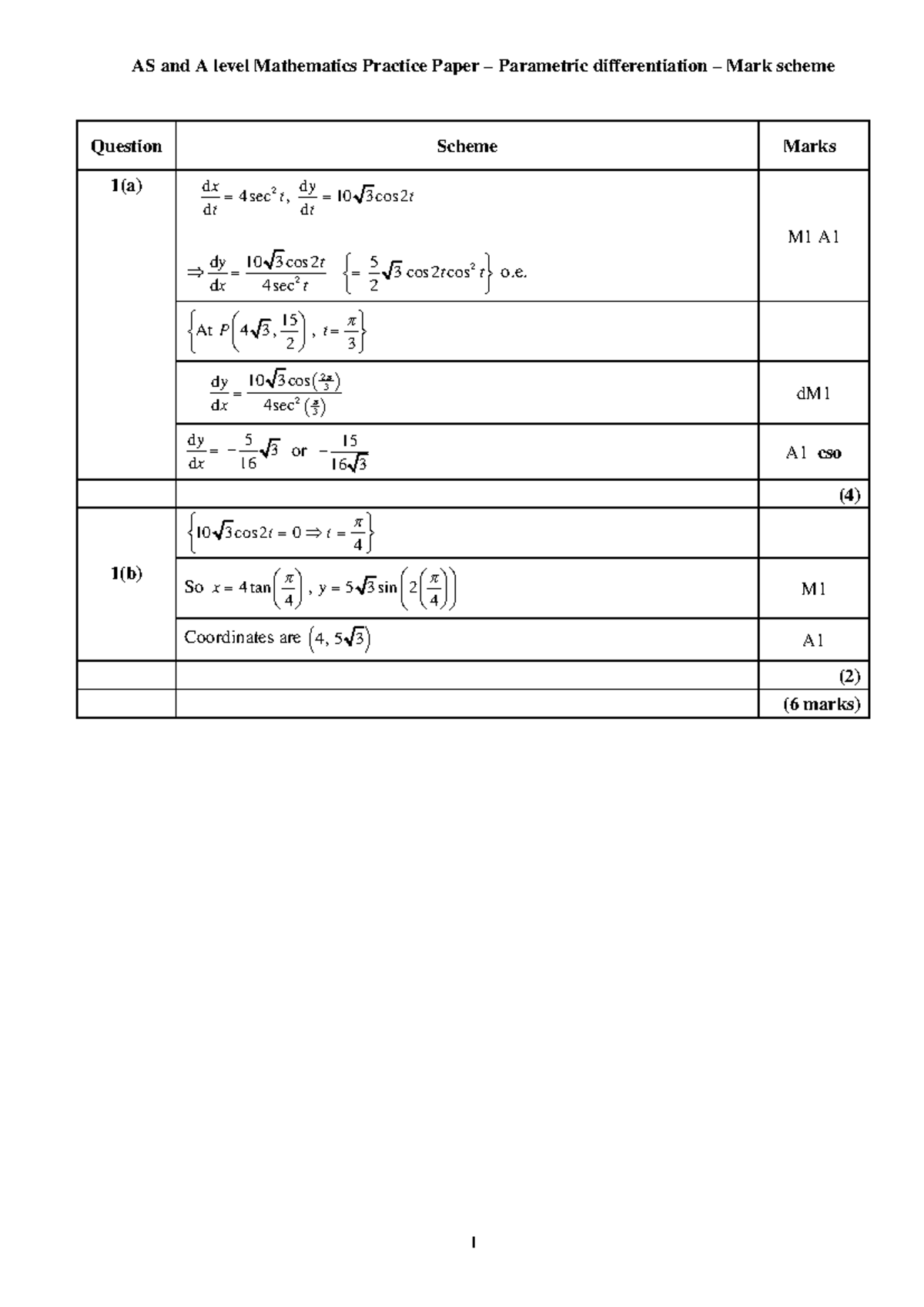 A Level Mathematics Practice Paper 7.3: Parametric Differentiation Mark ...