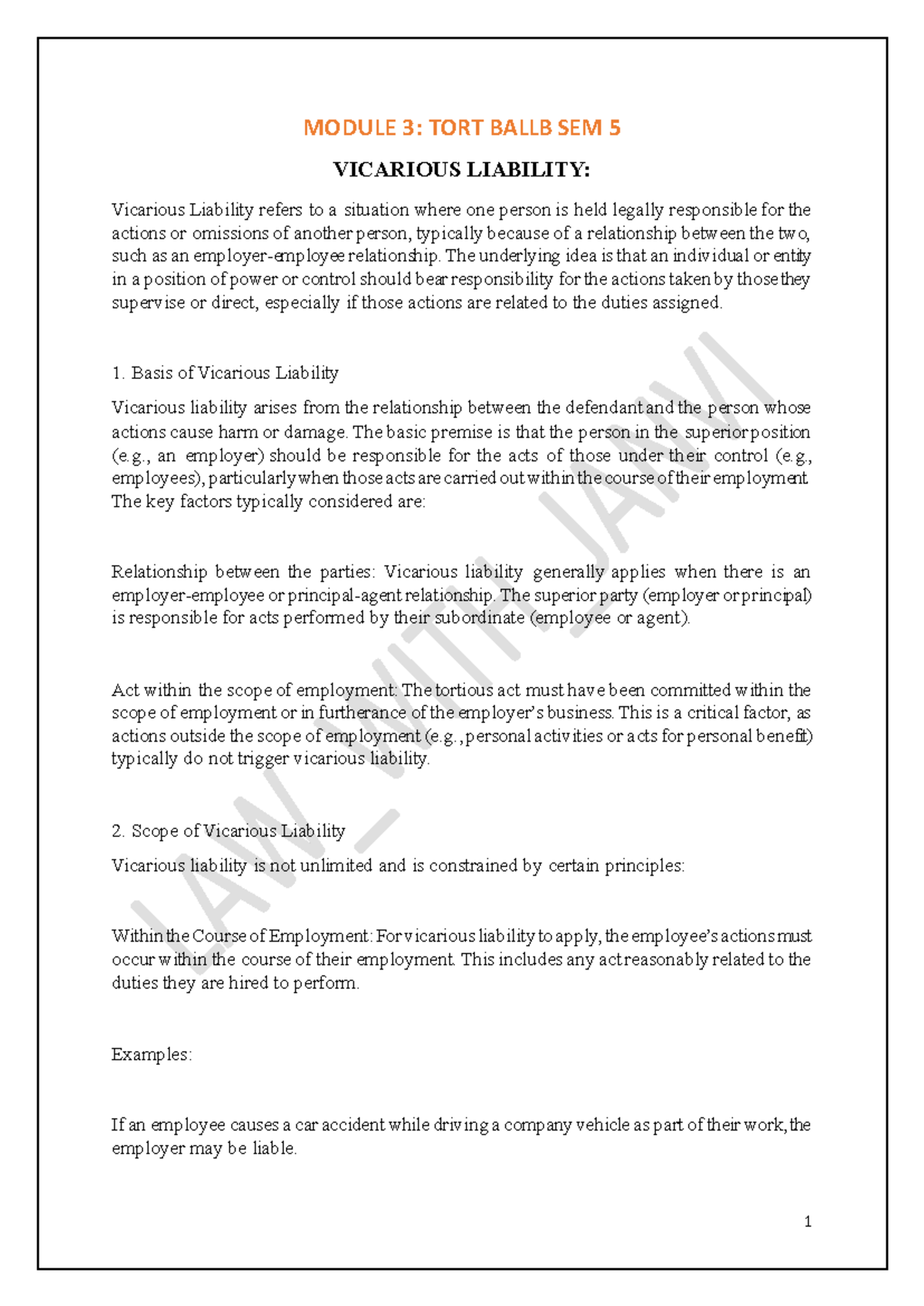 Module 3: Tort Law - Vicarious Liability & Strict Liability (BALLB SEM 5) - Studocu
