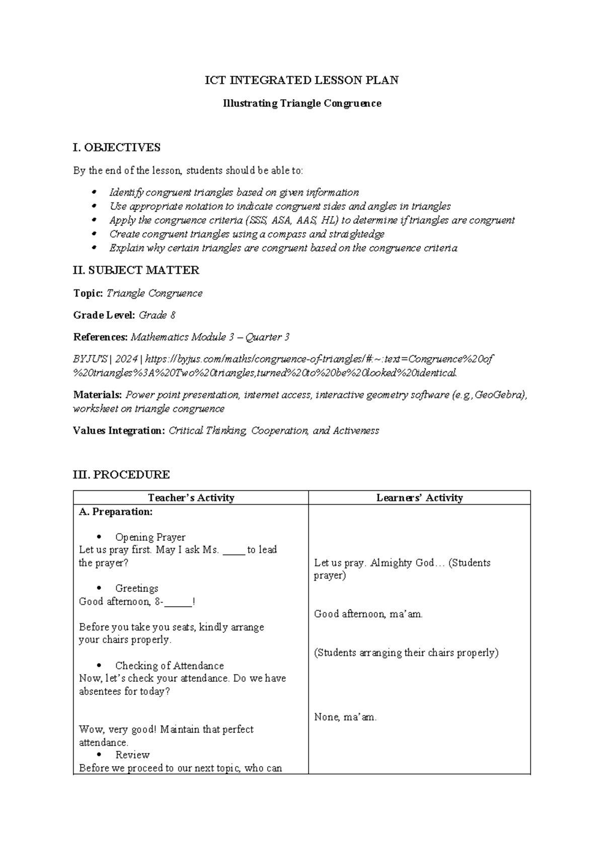 ICT Integrated Lesson Plan: Triangle Congruence for Grade 8 - Studocu