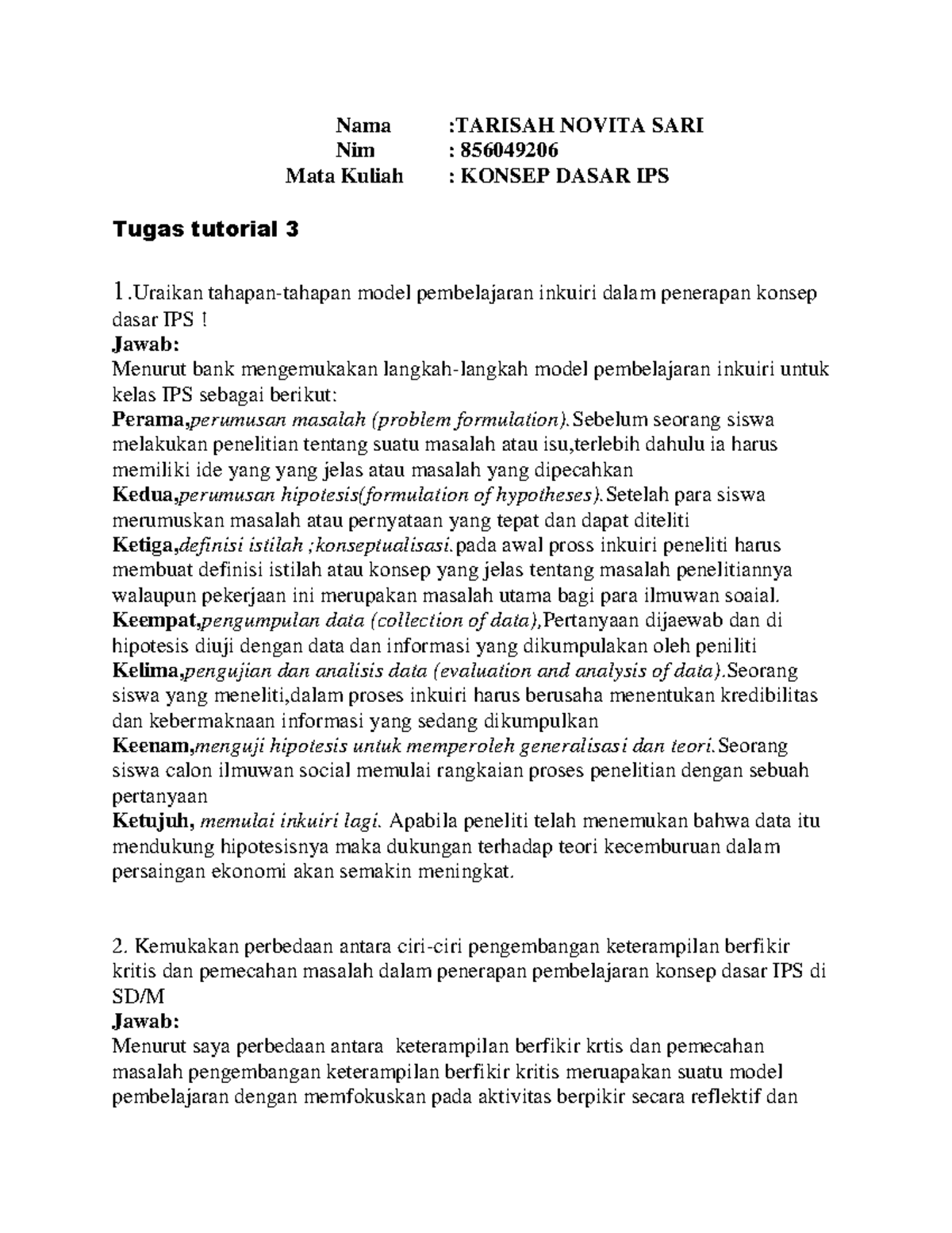 Tugas Tutorial 3: Model Pembelajaran Inkuiri dalam IPS KONSEP DASAR IPS ...