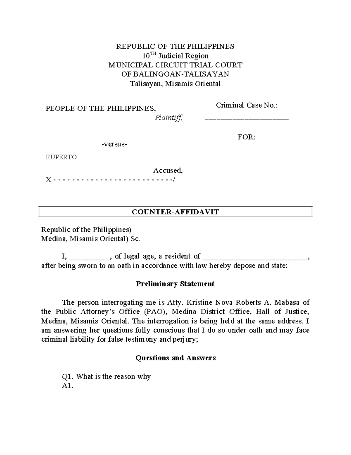 Judicial Counter-Affidavit - Criminal Case No. [Insert Case No.] - Studocu